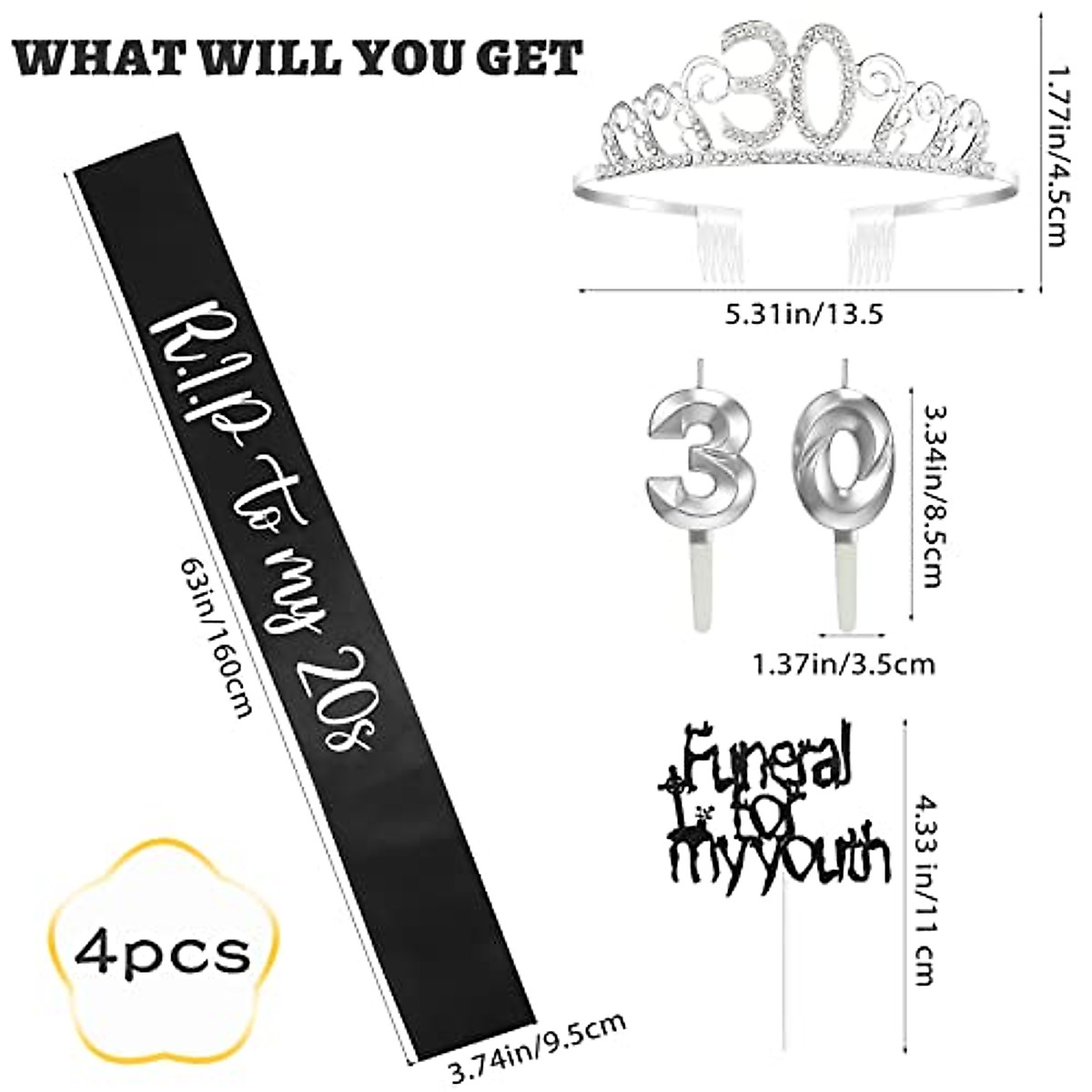4 Pcs 30th Birthday Decorations for Women 30th Birthday Crown Tiara Rip to My 20s Birthday Sash Funeral for My Youth Cake Topper 30th Birthday Candles 30th Birthday Gifts for Her