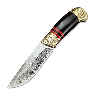 HUAAO Handmade Damascus Hunting Knife, 8.5'' Fixed Blade Knife with Leather Sheath and Ebony Handle, EDC Skinning Knife, for Camping Hiking