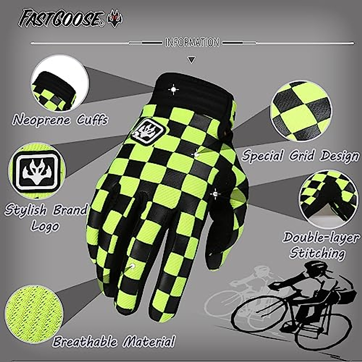 FASTGOOSE Cycling Gloves Bike Gloves Bicycle Gloves for Men/Women,Full-Finger Touch-Screen Breathable Mountain Bike Racing Gloves for ATV MTB,Motocross Gloves Motorcycle Gloves (Green/Bla, Large)