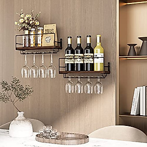 SODUKU Wall Mounted Wine Rack Wood Rustic Wine Bottle Glass Floating Shelves with Stemware Hanger Modern Wine Display Storage Holder for Kitchen Dining Room Bar Wall Décor Sef of 2