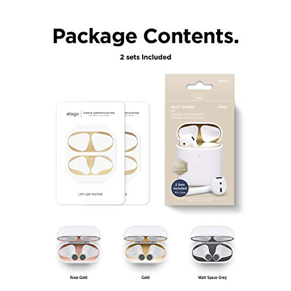 elago AirPods 2 Dust Guard (Gold, 2 Sets) Dust-Proof Metal Cover, Luxurious Finish, Watch Installation Video - Compatible with Apple AirPods 2 Wireless Charging Case [US Patent Registered]