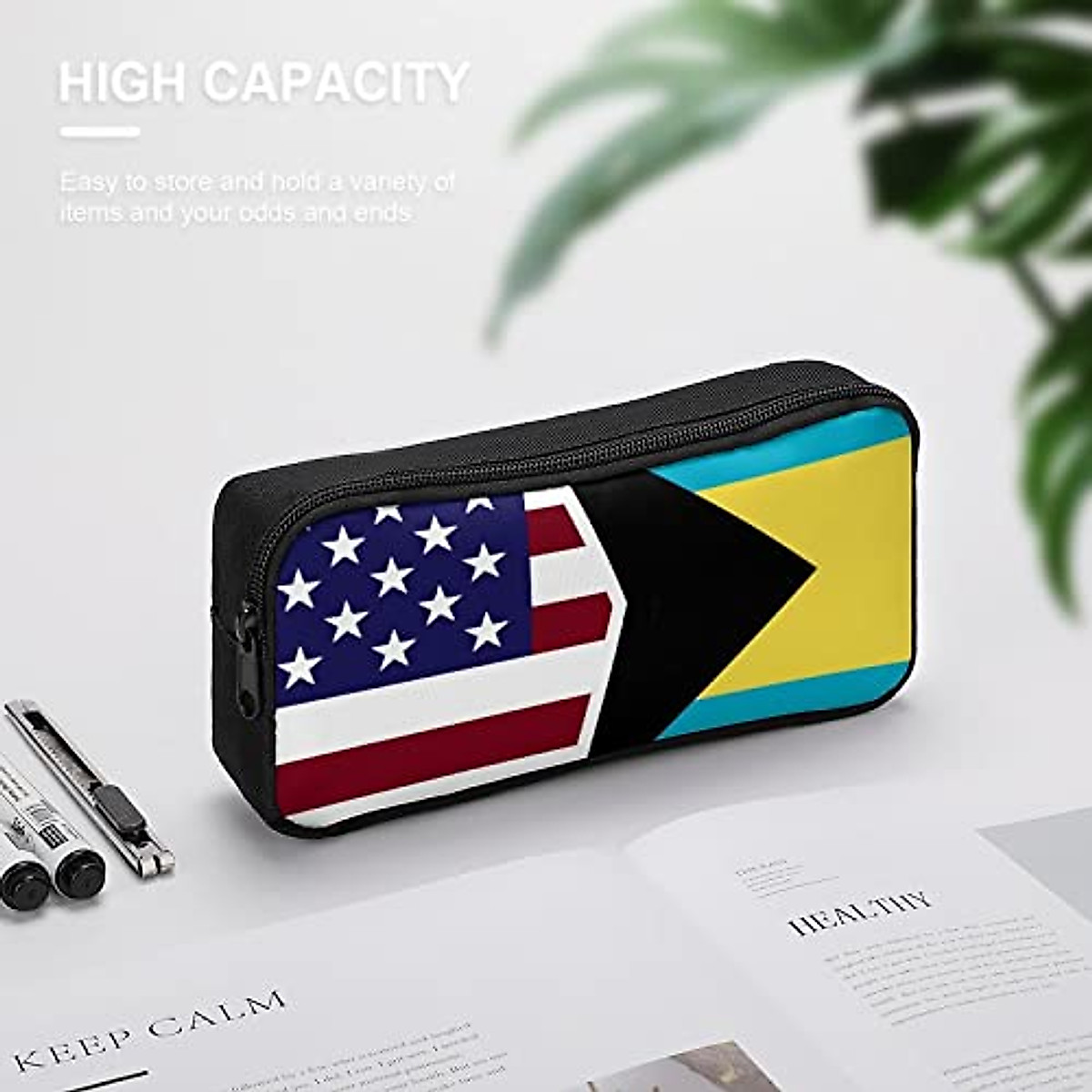 American and Bahamas Flag Pencil Case Stationery Pen Pouch Portable Makeup Storage Bag Organizer Gift