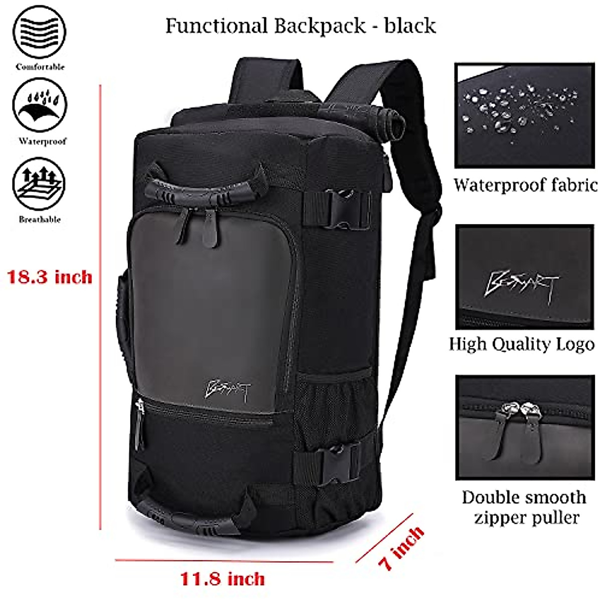 BE SMART Laptop Bag Outdoor Large Travel Waterproof Backpack fits 16 inches Computer Sport Backpack Business Durable School bags book bags for College Student Day Pack for Men and Woman-Black