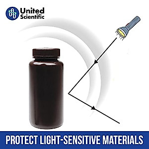United Scientific™ 33465 | Laboratory Grade HDPE Wide Mouth Amber Reagent Bottle | Designed for Laboratories, Classrooms, or Storage at Home | 500ml (16oz) Capacity | Pack of 12