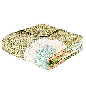 KINBEDY 100% Cotton Quilts Twin Size Green Floral Patchwork Bed Quilt Reversible Quilted Blankets Coverlets Bed Throws for Couch Sofa, 60"x80"