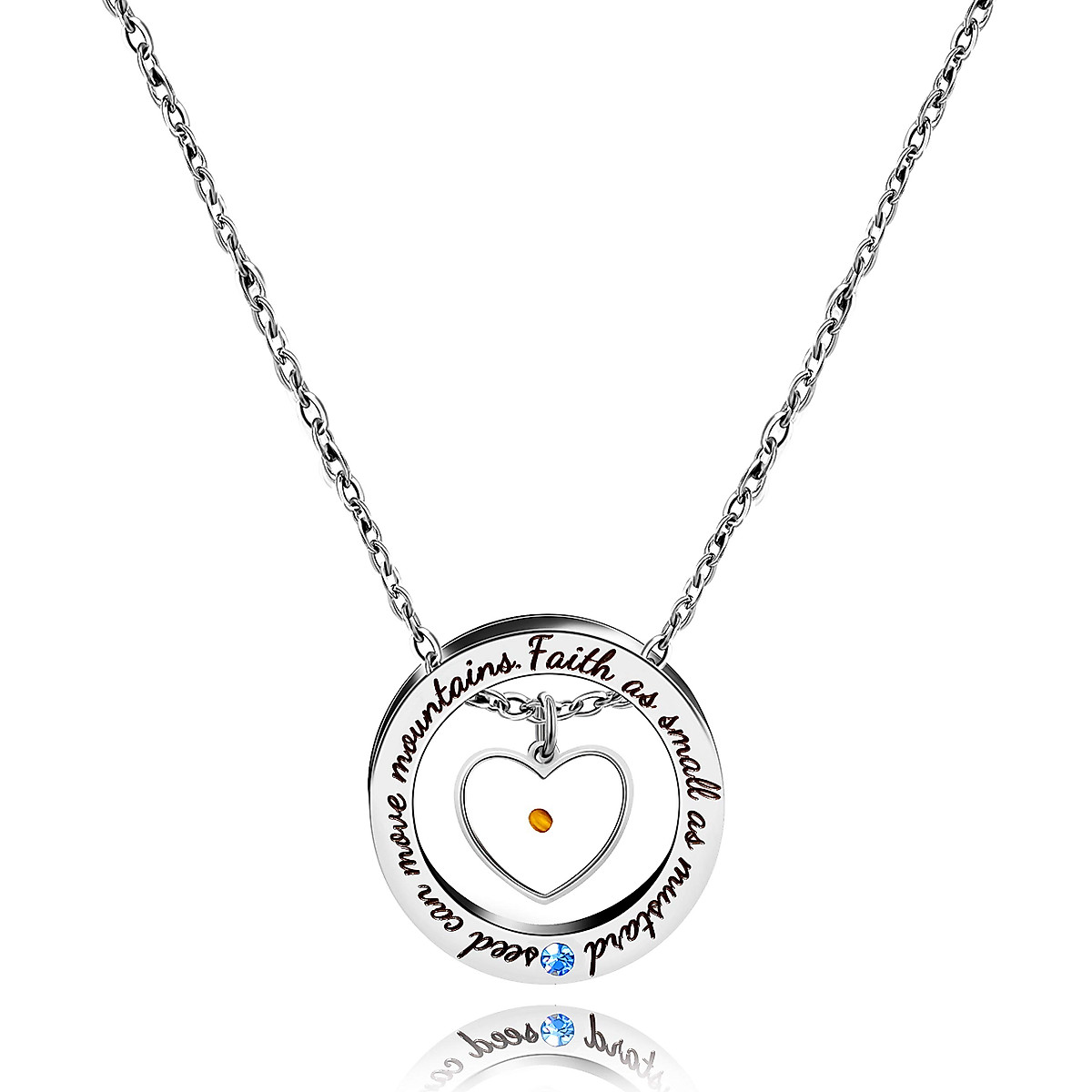 Uloveido Stainless Steel Circle Round Ring Necklace Christian Jewelry Engraved Faith As Small As A Mustard Seed Can Move Mountains Y958 (Heart Seed)