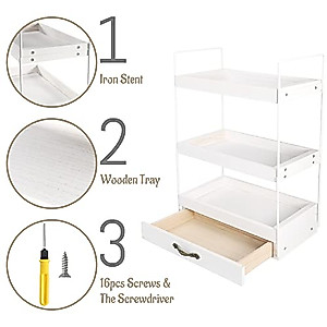 GNILLKO 3 Tier Bathroom Counter Organizer with Drawer, Wooden Bathroom Organizer Countertop, Countertop Bathroom Trays and Kitchen Spice Rack Vanity Organizer for Bathroom Counter(White)