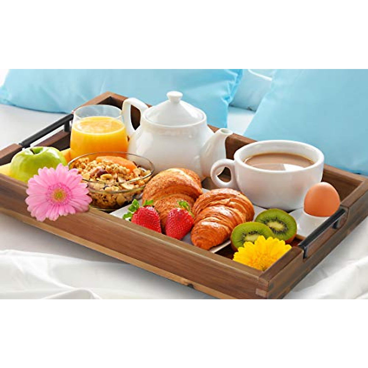 Ottoman Tray, 16.5"x12.5" Acacia Wood Serving Tray with Black Metal Handles, Great for Ottoman Tray, Food Tray, Breakfast Tray, Eating Tray……