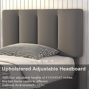 VECELO Twin Bed Frame with Upholstered Headboard, Platform Mattress Foundation with Strong Wooden Slats Support, No Boxing Spring Needed, Easy Assembly, Dark Grey