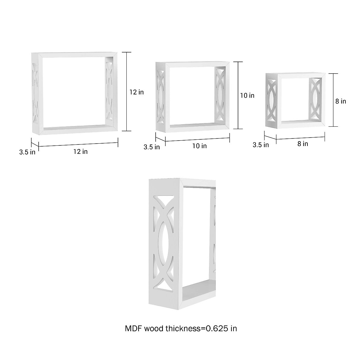 Floating Shelves- Open Cube Wall Shelf Set with Hidden Brackets, 3 Sizes to Display Décor, Photos, More- Hardware Included by Lavish Home (White)