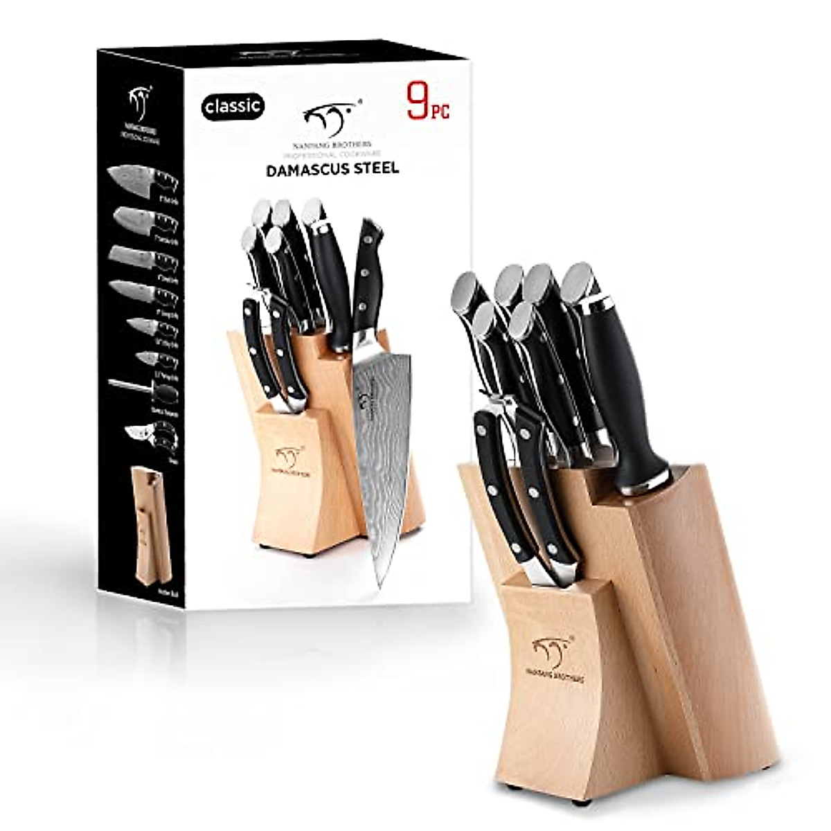 NANFANG BROTHERS Knife Set, 9-Piece Damascus Kitchen Knife Set with Block, ABS Ergonomic Handle for Chef Knife Set, Knife Sharpener and Kitchen Shears, Knife Block Set