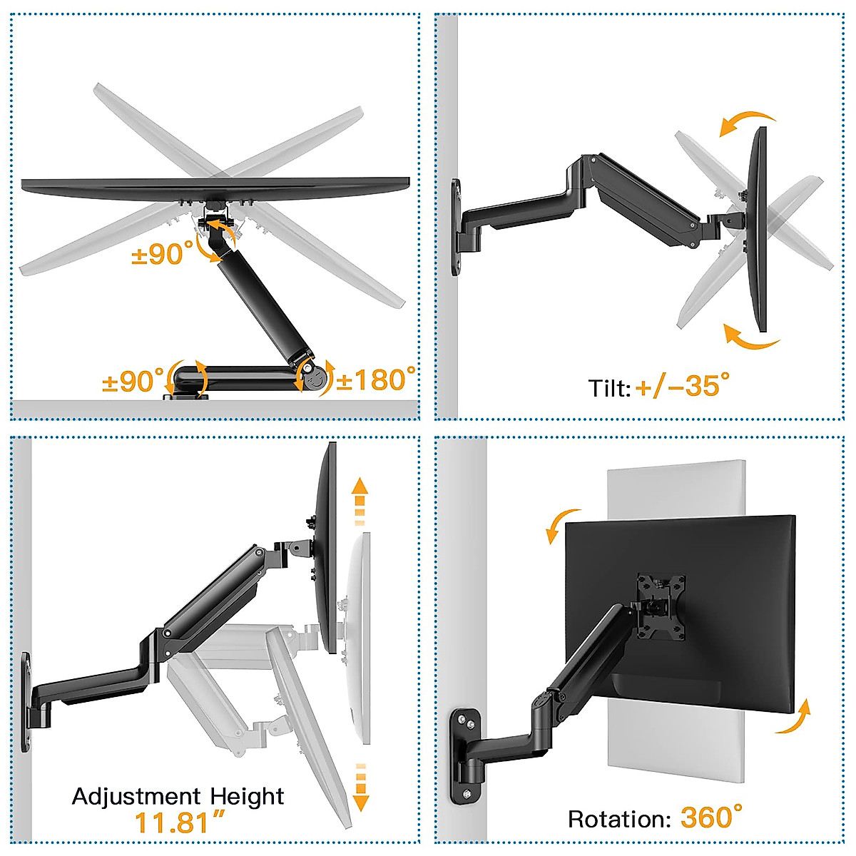 HUANUO Single Monitor Wall Mount for 13 to 32 Inch Computer Screen, Monitor Wall Mount Arm Holds up to 17.6lbs, Height Adjustable Full Motion Gas Springcore Wall Monitor Mount-VESA Mount 75x75,100x100