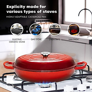 Klee 3.8 Quart Red Casserole Dish with Lid - Enameled Porcelain Coated Cast Iron Cookware Used as Braising Pan, Baking Pan, Saucepan, Frying Pan, and More - 3.8 Quart Capacity, 12 Inches