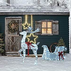 Hourleey Lighted Christmas Decorations Outdoor, Pre-Lit 3D Santa Sleigh Reindeer with 100 LED Cool White Light, Plug in Waterproof Christmas Deer Decorations for Outdoor Yard Lawn Garden Party