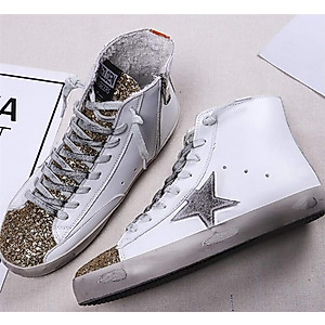 SATUKI Women's High Top Fashion Flat Sneakers Distressed Design Lace up Star Glitter Shoes (Gold, numeric_9)