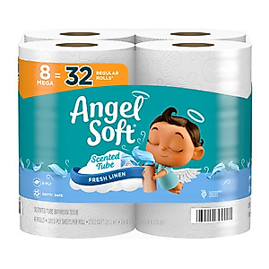 Angel Soft Toilet Paper with Fresh Linen Scented Tube, 8 Mega Rolls = 32 Regular Rolls, Soft and Strong Toilet Tissue