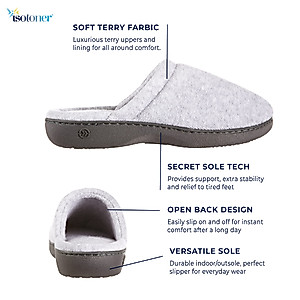 isotoner women's Terry Slip On Clog Slipper with Memory Foam for Indoor/Outdoor Comfort, Heather Grey Rounded, 8.5-9
