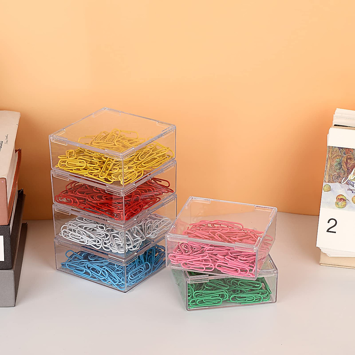 BTSKY Clear Plastic Small Storage Containers with Lid Mini Clear Boxes for Organizing Stackable Paper Clips Holder Multi-use Bead Organizers for Clips, Rhinestones, Hairpins and Candy, 6PCS Square