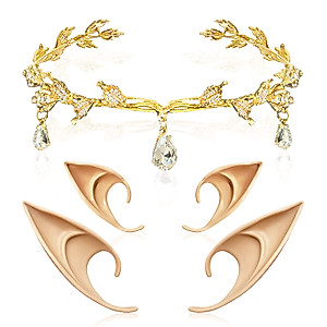 Rhinestone Leaf Wedding Tiara Headband with Fairy Elf Ears,Dress Up Costume Masquerade Accessories-1 Rose Gold Fairy Crown Headband+2 Pairs Cosplay Fairy Pixie Elf Ears for Halloween,Christmas,Wedding,Prom