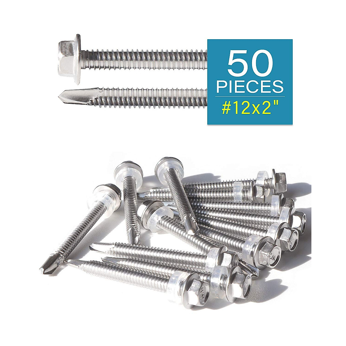 IMScrews 50pcs #12 x 2" Stainless Hex Washer Head Self Drilling Screws, 410 Stainless Steel Full Thread Sheet Metal Tek Screws