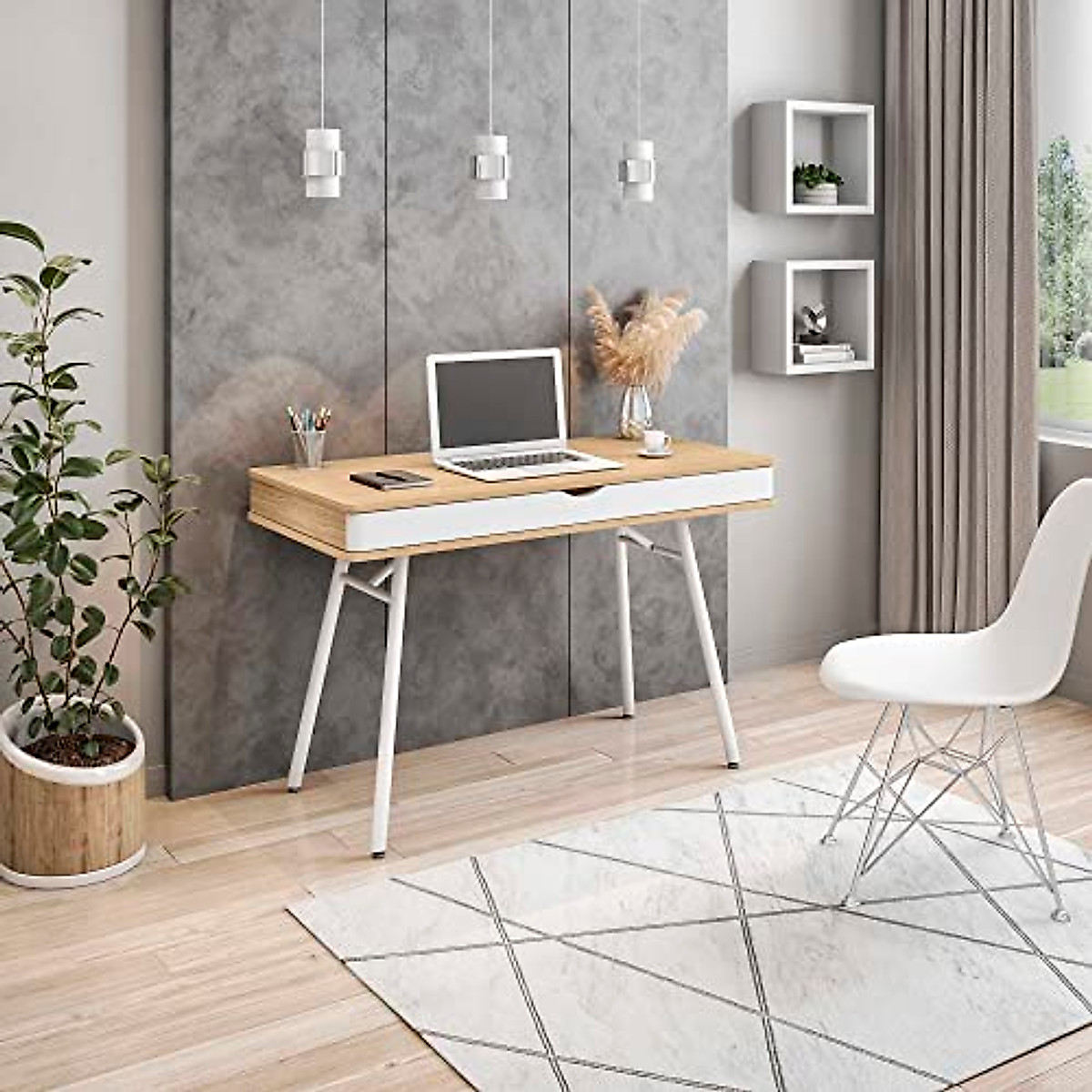 Techni Mobili Modern Multi Computer Desk with Storage, 30" x 21.7" x 45.3", Pine