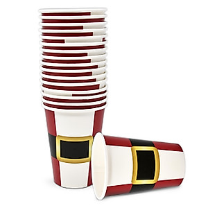 50 Disposable Christmas Santa Belt Cups 9 Oz. Xmas Red & Black Santa's Belts Design Drinking Paper Cup Winter Beverage Drink Dinnerware for Festive Holiday Tableware Party Supplies Decorations