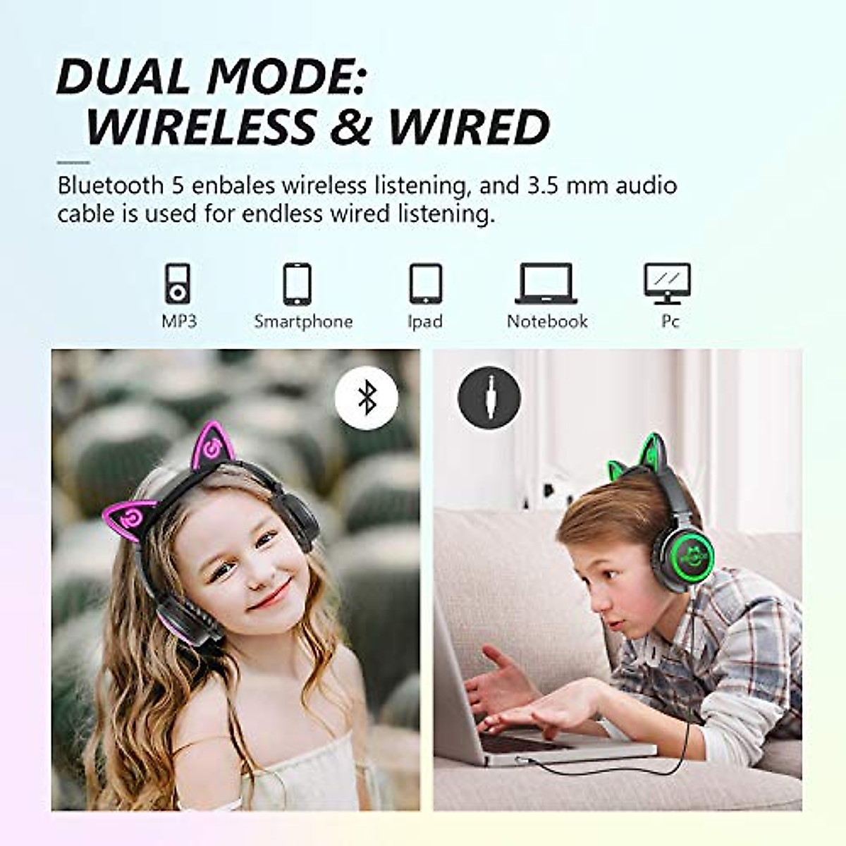 Mindkoo Wireless Headphones Bluetooth, Cat Ear Over Ear Headphones, LED Light Up 7 Color Blinking, Safe Foldable Headset Stero, with Microphone, for Kids Adults