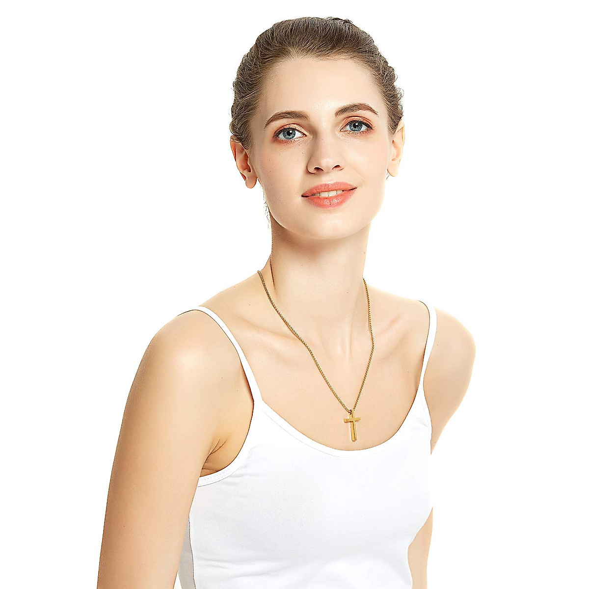 Reve Simple Stainless Steel Cross Pendant Chain Necklace for Men Women, 20-22 Inches Link Chain (Gold:1.2 * 0.7’’ Pendant+20’’ Rolo Chain)