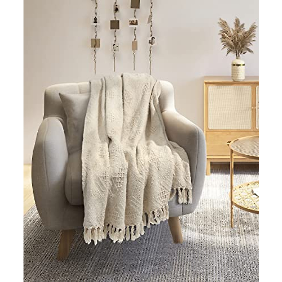 Maxpeuvon Beige Throw Blanket Boho Soft Cozy Knit Blanket with Tassel, Solid Decorative Blankets and Throws, Decor Blanket for Bed, Travel Blanket, Sofa, 50"×60"