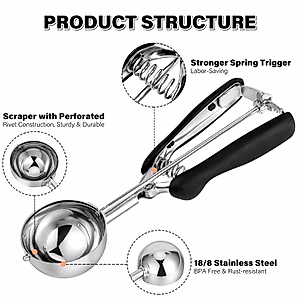 Cookie Scoop 4 Tbsp, TJ POP Professional Stainless Steel Ice Cream Scoop 60 mm, Soft Grips, Quick Trigger Release, 60 ml