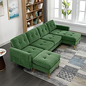 U-Shaped Reversible Modular Sectional Sofa Couch with Movable Ottoman and Chaise Sets, 5 Seater Velvet Upholstered Convertible Sofa Leisure Lounge w/ Nailhead Trim for Living Room Apartment Office