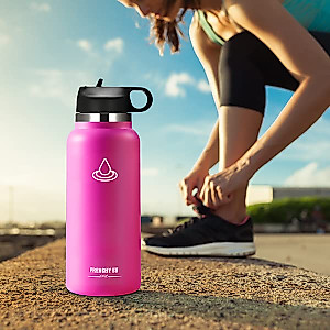 frenchy EU sports Water Bottle - 32 OZ, lids (Straw lid) Stainless Steel, Vacuum Insulated, Wide Mouth, Leak Proof, Reusable, Ecologique (Carnation)