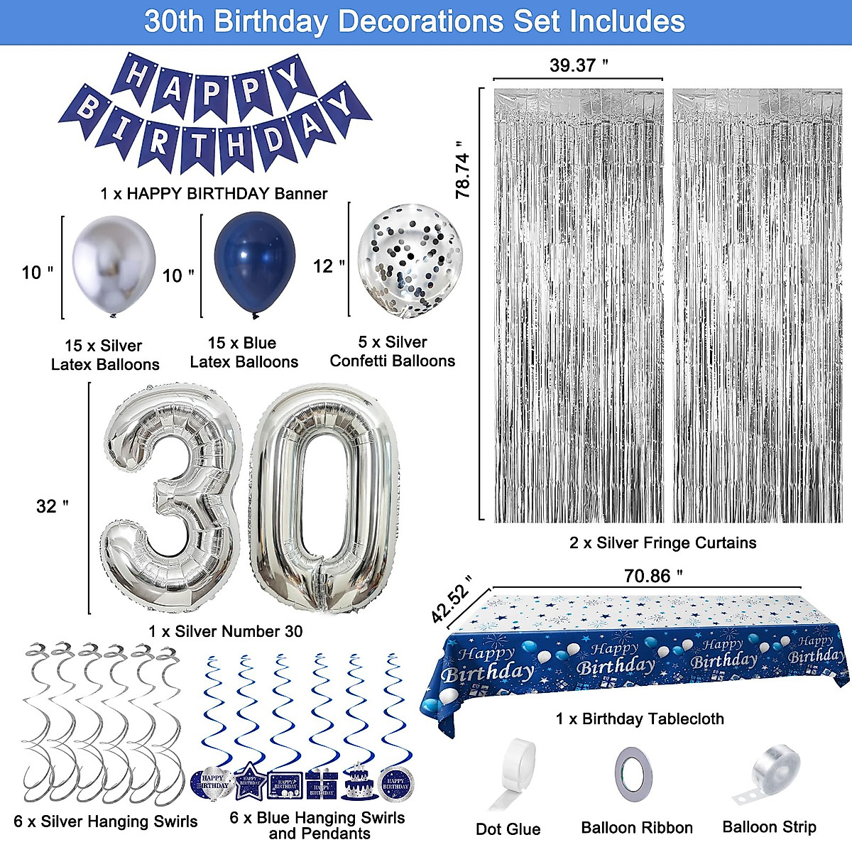 30th Birthday Decorations for Him, Blue and Silver 30th Birthday Party Decorations for Men, Happy Birthday Banner 30th Birthday Balloons Tablecloth Fringe Curtains Hanging Swirls Bday Party Supplies