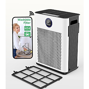 Air Purifier,FRESHDEW Air Purifiers for Home Up to 2300ft² With Smart WiFi,Air Sensors,Double-sided Air Inlet,H14 True HEPA Air Washable Filters,Odor,Smoke,Dust,Pollen,Pet Dander with Timer 22dB