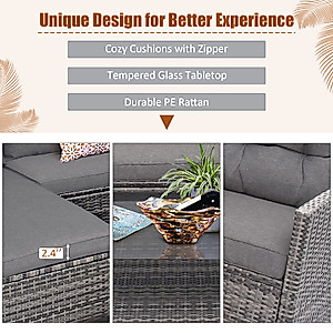 Tangkula 4 Pieces Rattan Conversation Set, Patiojoy Outdoor Furniture Set with Cushions, Lounge Sofa Set with Coffee Table, Patio Sectional Sofa Set for Patio Garden Poolside Backyard (Gray)