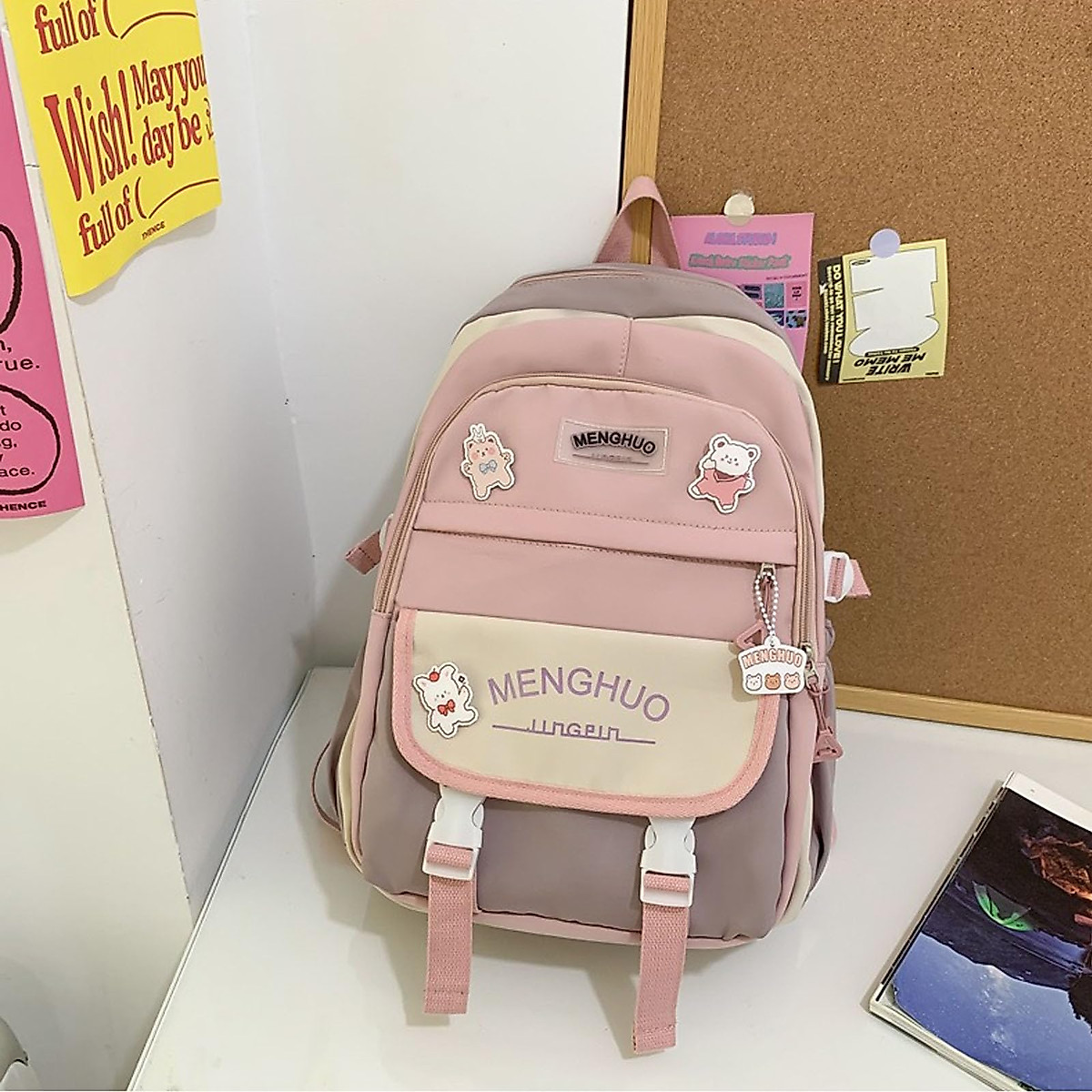 Tenbip Kawaii Backpack Cute Backpack Aesthetic Backpack Preppy Backpack Kawaii School Supplies with Bear Accessories (Pink)…