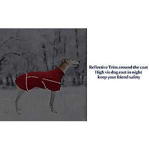 Greyhound Lurcher Winter Coat, Whippet Warm Coat with Fleece, Water Resistant Dog Jacket with Adjustable Bands and Zipper Harness Hole - Red - Small