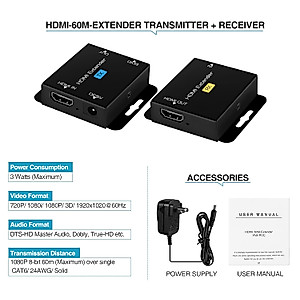 avedio links 196ft/60m HDMI Extender Over Cat 5e/6/7, 1080P HDMI Ethernet Extender Balun Adapter with Single POC Power Supply, Support 3D, EDID, Deep Color, Compatible with DVD, Fire Stick, Roku, PS5