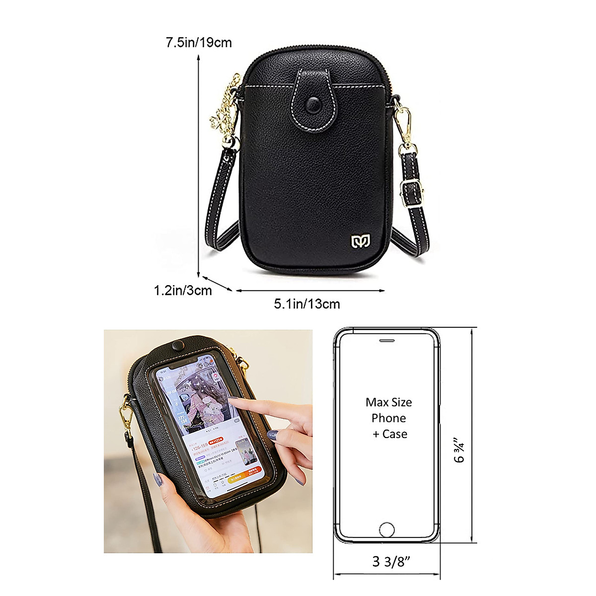 Aslana Touch Screen Phone Bag Vertical Small Crossbody Bag Handbag for Women (Black)