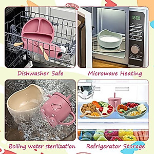 Silicone Baby Feeding Set, 12Pcs Baby Led Weaning Supplies, Includes Baby Suction Bowls and Plates, Silicone Baby Bibs, Silicone Baby Cup, Silicone Baby Spoons and Forks (2 Sets Beige & Pink)