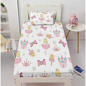 Jameswish Dancing Princess Fitted Sheet Set Twin for Kids Girls Teens Crown Castle Pattern Bed Sheet 2 Piece 3D Print Pink Dreaming Style Sheet Set