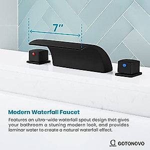 gotonovo Matte Black Bathroom Waterfall Tub Faucet Deck Mount Roman Tub Filler 3 Hole Bathtub Faucet with Square Knob Handle Bathtub Spout Brass Valve Stainless Steel Water Supply Lines High Flow