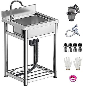 Free Standing Utility Sink, single Bowl Kitchen Sink Outdoor Sink Station, with Hot and Cold Faucet Drain Basket, Shelf, Towel Bar, for Garage, Laundry Room, Outdoor (21 Inch)