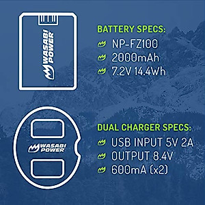 Wasabi Power Battery (2-Pack) and Dual USB Charger for Sony NP-FZ100, BC-QZ1 and Sony FX3, a1, a9, a9 II, a7C, a7R III, a7R IV, a7S III, a7 III, a7 IV, a6600 (KIT-BB-FZ100-02)