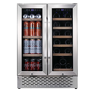 Macaiiroos Wine and Beverage Refrigerator, 24 inch Under Counter Dual Zone Wine Cooler for Home - Built in Wine Fridge w/ 20 Bottles and 78 Cans Capacity