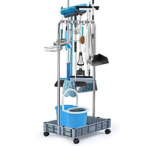 Broom Holder Organizer Movable Closet Storage Cabinet Mop Rack Floor Standing Cleaning Tool Cart For Garden Garage Schools Hotels Hospitals Factories Property Companies Restaurant (with Tank)