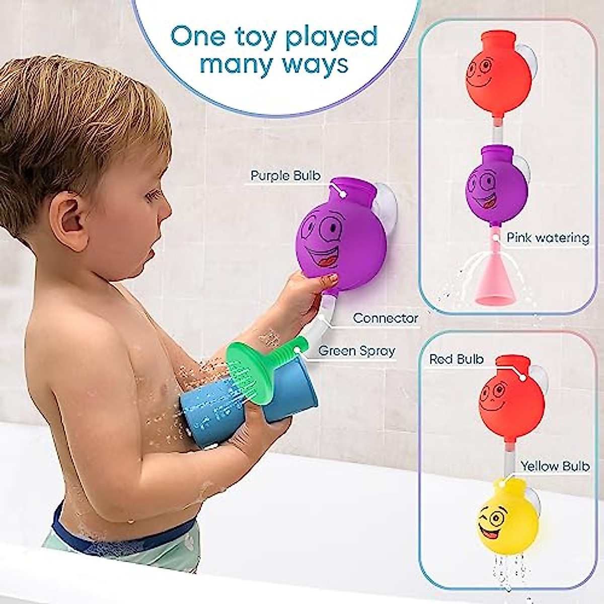 Bath Toys for Toddlers 1-3, Popular Toddler Bath Toys Age 3-4-5 with 3 Unique Water Sprinkling Patterns, Includes Beaker, Tube & Sprinklers - Baby Silicone Suction Toys & Kids Bubble Bath -Patented-