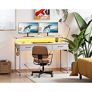 ODK 48 Inch Computer Desk with 3 Drawers and USB Power Outlets, Home Office Desks with LED Lights and Adjustable Monitor Stand, Work from Home, Modern Work/Writing/Study Table for Bedroom, White