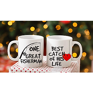 AW Fashions One Great Fisherman, Best Catch Of His Life Couples Mug - Funny Couple Mug - (2) 11OZ Coffee Mug - Funny Mug Gift Set - Mugs For Husband and Wife - Him And Her Gifts