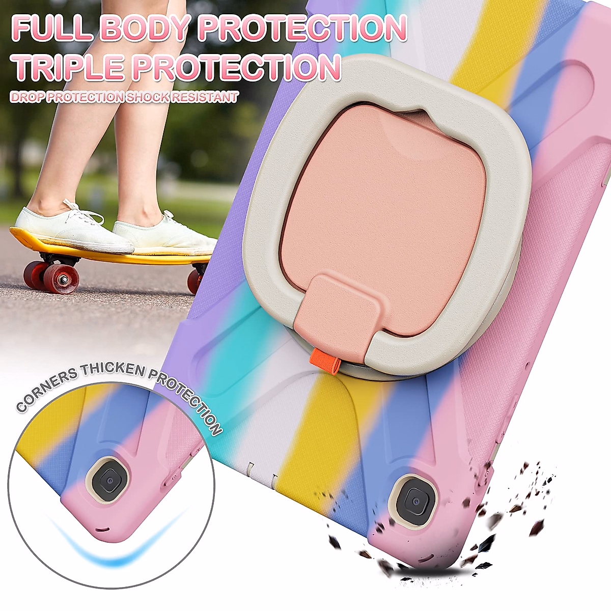 BATYUE Case for Samsung Galaxy Tab S6 Lite 10.4 Inch 2022/2020 (SM-P610/SM-P613/SM-P615/SM-P619), Protective Case with Pencil Holder, 360° Swivel Stand, Shockproof Drop; for Kids - Colourful Pink